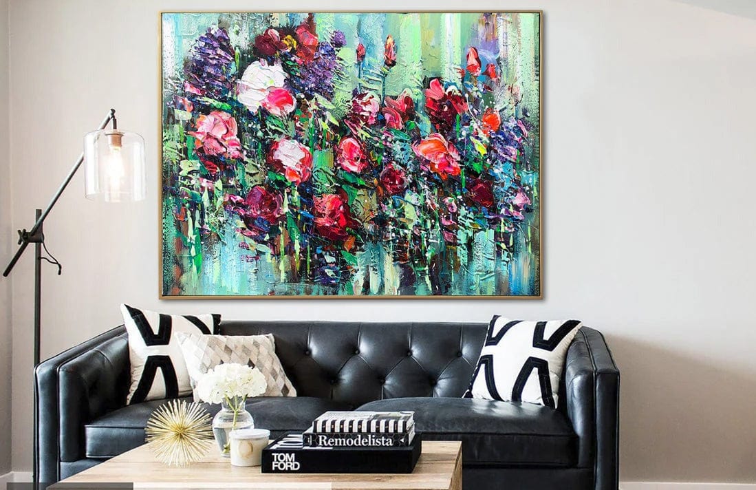 Red Flowers Paintings On Canvas Original Green Artwork Modern Oil Pain ...