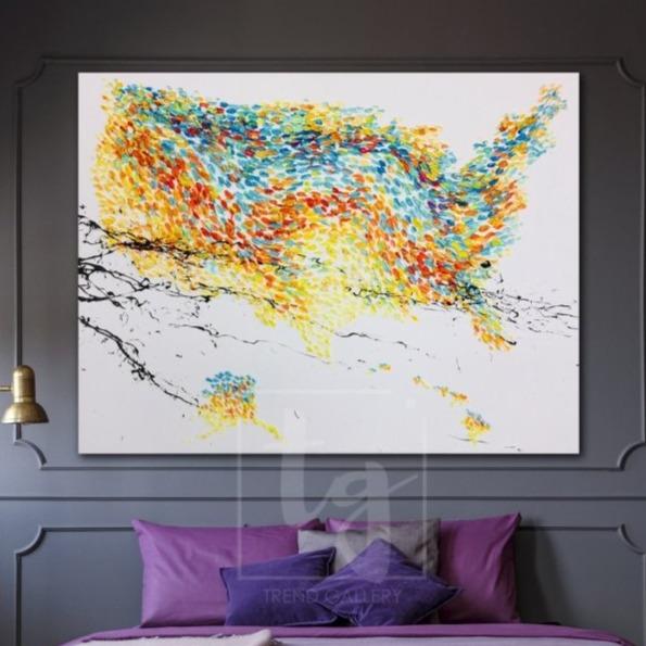 Large Abstract USA Map Painting Colorful Map Painting Wall Painting Ma ...